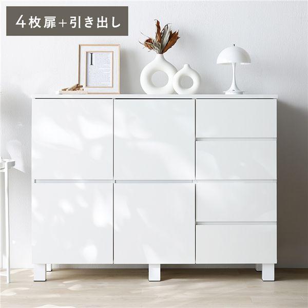 商品名：スクエア キャビネット 扉＋引き出しタイプ 4枚扉＋引き出し 幅108cm ホワイト 木脚 木製 脚付 配線穴付 リビング収納 収納棚 (ジャンル・特徴) スクエアキャビネット リビング 収納 棚 サイド ボード リビングボード 収...