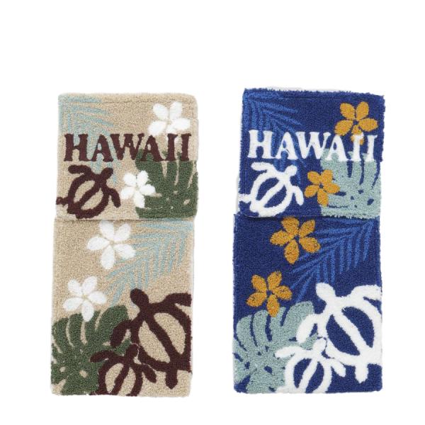 サガラ刺しゅうでホヌ（ウミガメ）がデザインされたロールペーパーホルダー。トイレセットとお揃いでトイレを彩るのもおすすめ。サイズ上部：縦 15cm 横 16cm 下部：一周44cm 横 16cm  素材 ポリエステル