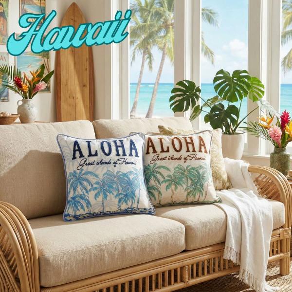 お部屋にいながら、古き良きハワイのリラックスした空気感を感じられる、ヴィンテージテイストのクッションカバーです。風にそよぐパームツリー（ヤシの木）のアートワークが、落ち着いたトーンで描かれており、大人のリラックス空間を演出します。デザインの...