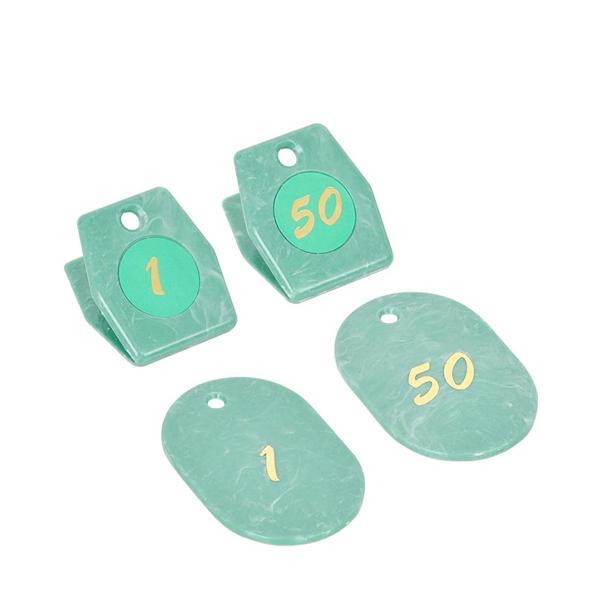 ■種別／グリーン■番号／1〜50■サイズ（札）／W40×H60mm、厚さ約2.5mm■サイズ（クリップ）／W35×H40mm■クリップ開口／20mm■穴径／約φ4mm■素材／スチロール樹脂■入数／1組（1〜50番までの札とクリップが各1ヶず...