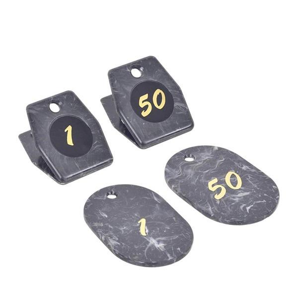 ■種別／グレー■番号／1〜50■サイズ（札）／W40×H60mm、厚さ約2.5mm■サイズ（クリップ）／W35×H40mm■クリップ開口／20mm■穴径／約φ4mm■素材／スチロール樹脂■入数／1組（1〜50番までの札とクリップが各1ヶずつ...