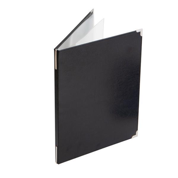 高級感のある本革風メニューブックがローコストで新発売!　レストランやホテルのバーなどにおすすめ。　■種別／黒　■外寸（閉じた時）／W232×H309mm　■中紙サイズ／A4　■ピンサイズ／W4×L50mm　■素材／本体：ウレタン合成皮革、リ...