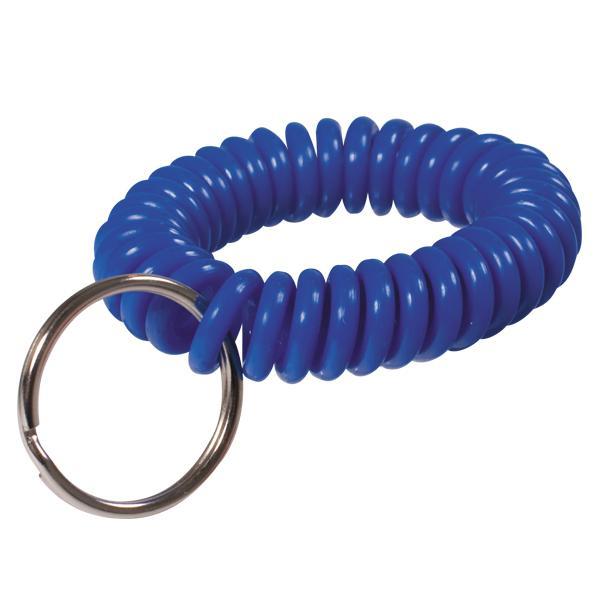 キーの持ち歩きや管理にとても便利！　伸縮性に優れたカールコードタイプ　スポーツ施設やイベント施設などで大活躍　■種別／ブルー　■外寸／バンド：約φ52mm、リング：約φ25mm　■素材／バンド部分：塩ビ、リング：鉄ニッケルメッキ仕上　メーカ...