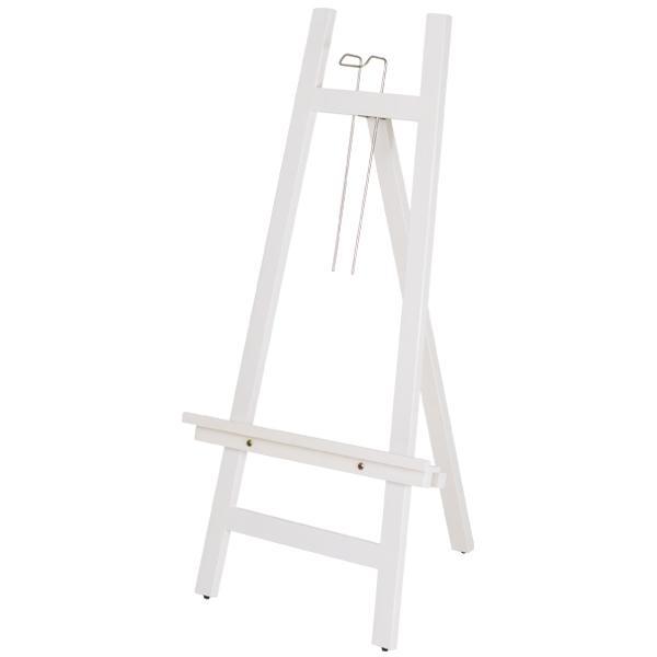 パネル掲示の定番木製イーゼルをリーズナブルな価格でご提供!　■種別／ホワイト　■本体サイズ／W590×D580×H1100mm　■ボード受けサイズ／約D30mmまで　■重量／3.4kg　■耐荷重／約6kg　■素材／木製　■備考／受けはH21...