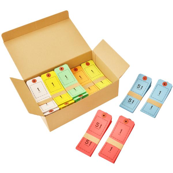 [商品コード]62716-01 　ホテルクロークやイベント会場などでの預かり物の整理に最適な紙製のクロークチケットです　■種別／袋無■サイズ／W47×H130mm■入数／1〜100×10色入で1箱■内容色／グリーン、レッド、ピンク、ベージュ...