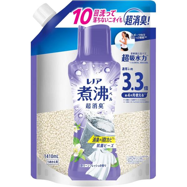 商品紹介衣類の煮沸レベル消臭*1　洗濯槽の防カビ*2 まで! レノア 超消臭 煮沸レベル消臭 抗菌ビーズ 消臭+防カビ クリーンフレッシュ洗剤・柔軟剤では落ちないニオイに*3煮沸レベルの消臭力*1洗濯槽の防カビ*2 も衣類が消臭フィルターに...