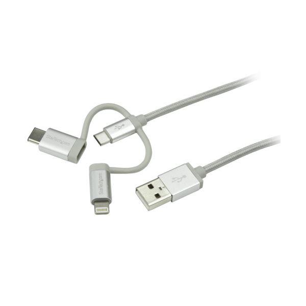 【商品名】 StarTech.com iPhone／スマホ対応 マルチ充電ケーブル 1m USB A-Lightning／USB C／MicroB シルバー LTCUB1MGR 1本