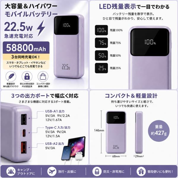 大容量モバイルバッテリー｜58800mAh｜22.5W急速充電対応高性能 × 超お得 × スタイリッシュスマホ・タブレットの充電に最適！旅行・通勤・災害対策にもカラー：ホワイト パープルサイズ：約146×68×29mm容量：超大容量 588...