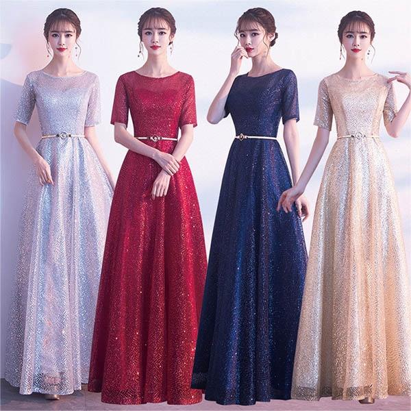 【送料無料】ドレス 大人 ピアノ 発表会 ロングドレス 演奏会 ピアノ発表会 袖あり ラウンドネック パーティードレス ワンピース ステージドレス 女子会 謝恩会 二次会 大人 フォーマル キラキラ Aライン ワインレッド ネイビー グレー ドレス 大人 ピアノ 発表会 ロングドレス 演奏会 ピアノ発表会