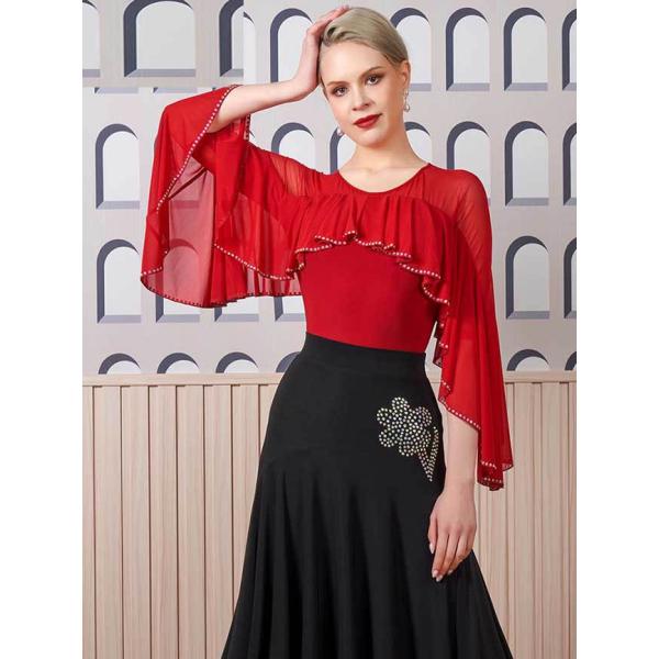 【送料無料】社交ダンス レオタード 長袖 フリル 競技着 モダン モダンラテンダンス用 レディース 女性用 ダンス衣装 ネイビー ワインレッド  ダンス 社交 練習着 ワルツ ラテン ステージ 衣装 演出着 社交ダンス レオタード 長袖 フリル 競技着 レディース モダンラテン