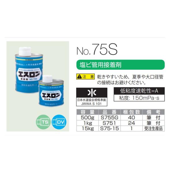 メーカー名：積水化学工業商品名：No.75S　塩ビ管用接着材　ハケ付内容量：500g色：透明用途：VP・VU・耐火VP・ACドレン　など低粘度速乾性=A粘度：150mPa・s日本水道協会規格準拠　JWWA S 101注意事項：乾きやすいため...