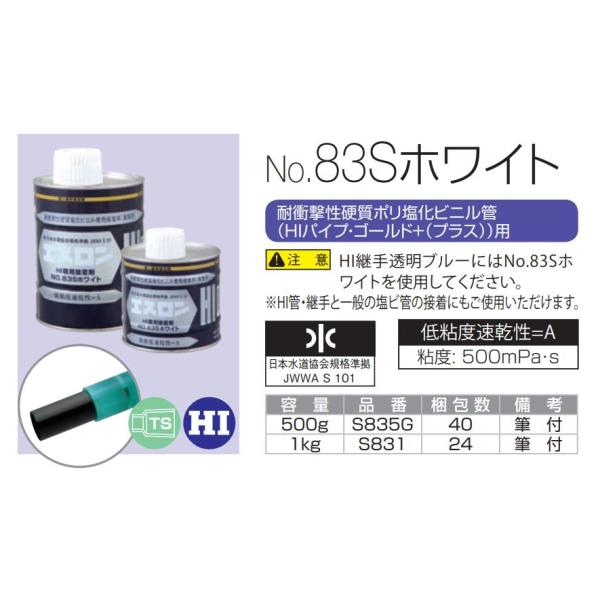 メーカー名：積水化学工業商品名：No.83S　HIパイプ用接着剤内容量：500g色：白用途：HIパイプ　など低粘度速乾性=A粘度：500mPa・s日本水道協会規格準拠　JWWA S 101注意事項：HI継手透明ブルーにはNo.83Sホワイト...