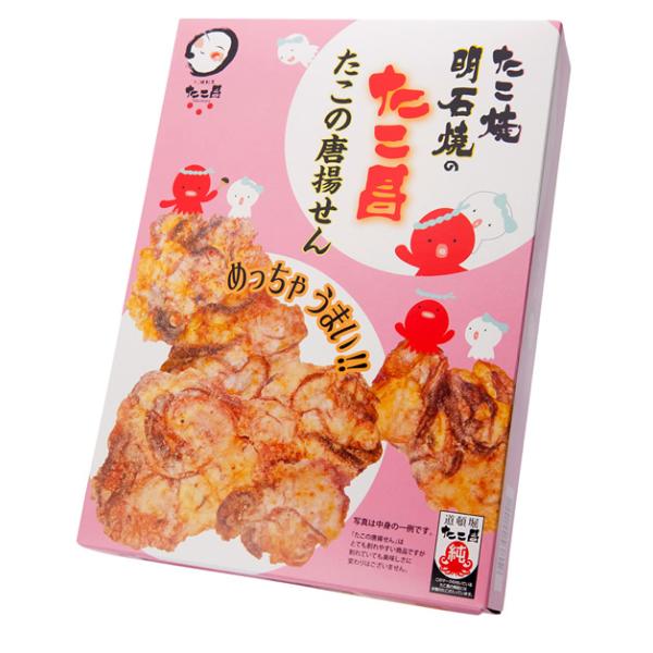 せんべいの原料に本物のたこをのせて焼き上げてから、植物油で唐揚げにし、からっとパリッとスナック風に仕上げました。ビールのお供に、お子様のおやつとしても最適。リピーターさんも多い、一度食べるとやみつきになる美味しさです。