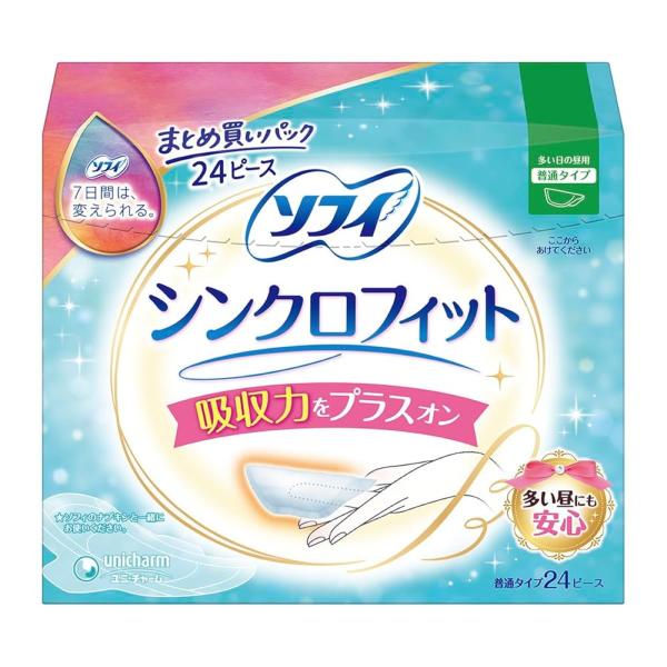 「商品情報」●商品説明［多い日の昼用］多い昼に安心感をプラス吸収力をプラスオントイレに流せて便利まとめ買いパック24ピース~不安な日は、ナプキンにプラスする新習慣~・いつものナプキンに手の平サイズのシンクロフィットをプラスするだけで約2時間...