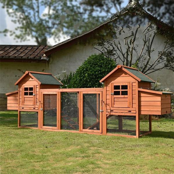 木製鶏小屋、巣箱付き大型屋外鶏舎、鶏舎、ウサギ小屋 鶏小屋の仕様: 材質: 高品質のモミ材製 全体の寸法: 313*59*108CM 組み立てが必要 巣箱の数: 4 (片側に 2 つ) 水の浸入を防ぐアスファルト傾斜屋根 6〜12 羽の鶏を...