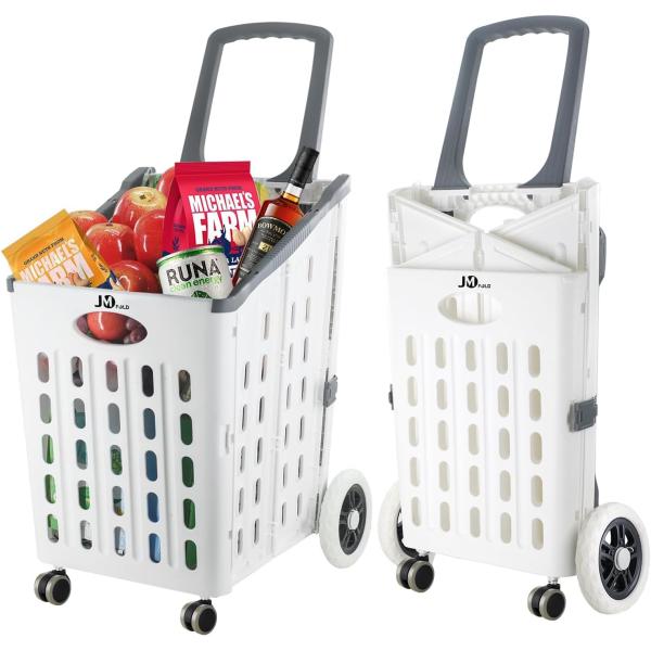 ? 買い物用品、雑貨、衣類用のカートとして使用されるプラスチック製の折りたたみ式ショッピングカート。特大の後輪は取り外し可能で、道路上での安定性を確保し、前輪は 360° 回転できます。ベビーカーのハンドルは特別に設計されており（滑り止め、...