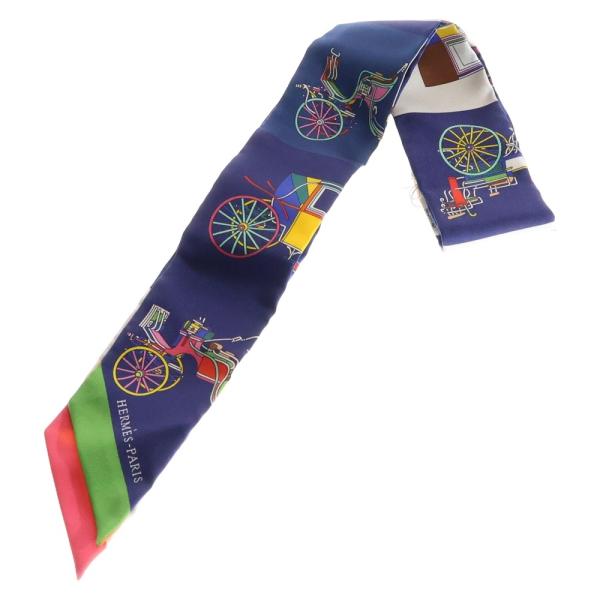 [商品番号]2525J140018[ブランド]HERMES（エルメス）[モデル]ツイリー VOITURES EXQUISES 精巧な馬車 スカーフ ネイビー×ホワイト マルチカラー シルク[販売店舗]BRING オンラインショップ