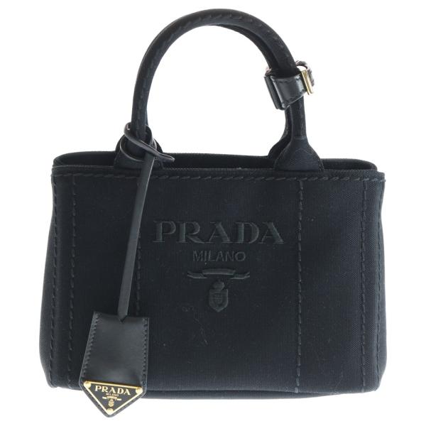 [商品番号]2826A120006[ブランド]PRADA（プラダ）[モデル]カナパ ミニ トライアングルロゴプレート ロゴ刺繍 キャンバス レザー 2WAY ハンド ショルダー トートバッグ ゴールド金具 ブラック 1BA038[販売店舗]...
