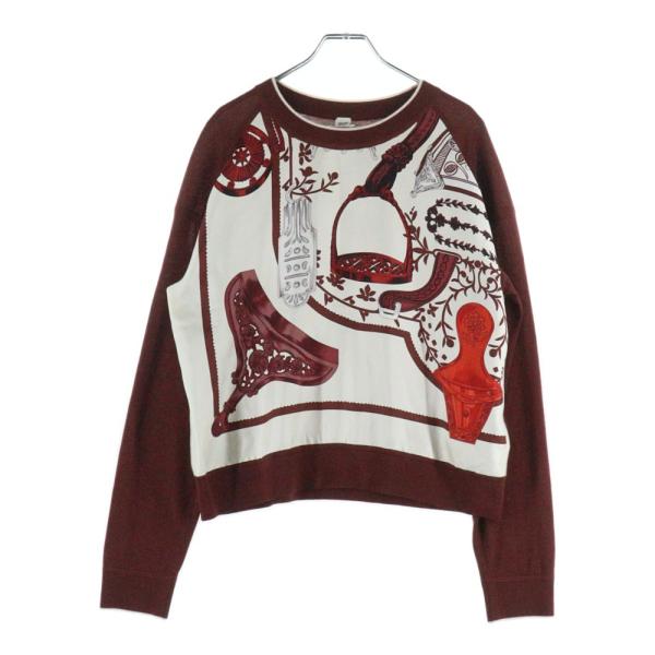 [商品番号]4125K090030[ブランド]HERMES（エルメス）[モデル]24SS ツイルレーヌ 柄プリント シルクスカーフ切り替え クルーネック カシミヤ 長袖ニット セーター ブラウン/ホワイト レディース 4E2814DD[販売...