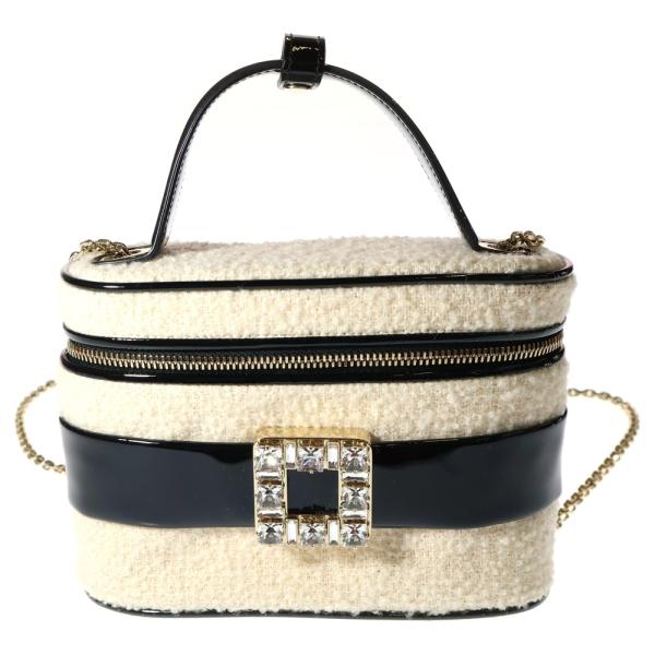 [商品番号]8525I240020[ブランド]Roger Vivier（ロジェヴィヴィエ）[モデル]ツイード パテントレザー 2WAY ハンド チェーンショルダー バニティバッグ ゴールド金具 ホワイト/ブラック RBWANMH0002OO...
