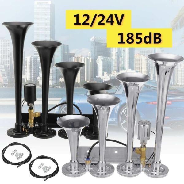 色: クローム / ブラックよりお選びくださいませ。-ホーンタイプ。4 トランペット-素材。材質：金属-音の出力。185dB-操作圧力: 60-150 の psi-口径：90mm-電圧：12/24 V-外観サイズ：34.5×30×10cm特...