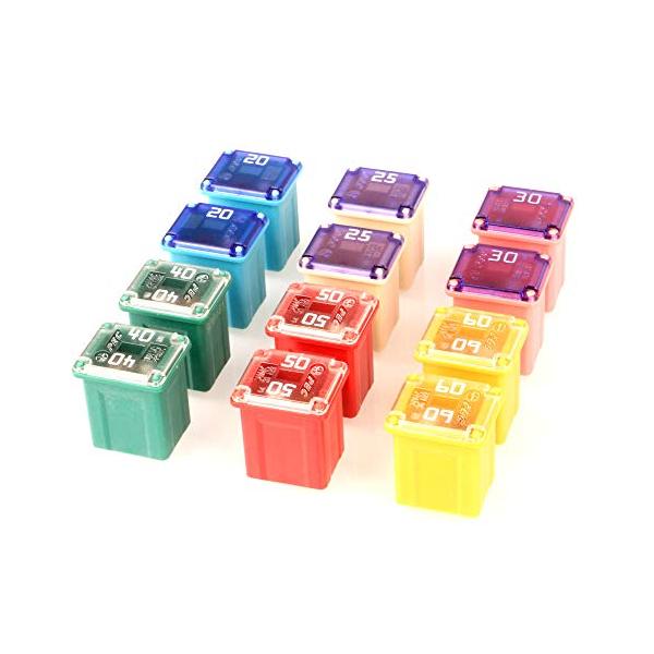 カラー：E521-12個12個のロープロファイルヒューズ、各アンプ定格の6個のヒューズが含まれています：20A/25A/30A/40A/50A/60A。他のさまざまな自動車システムの中でも、牽引/トレーラーの動力およびブレーキ制御機能を置き...