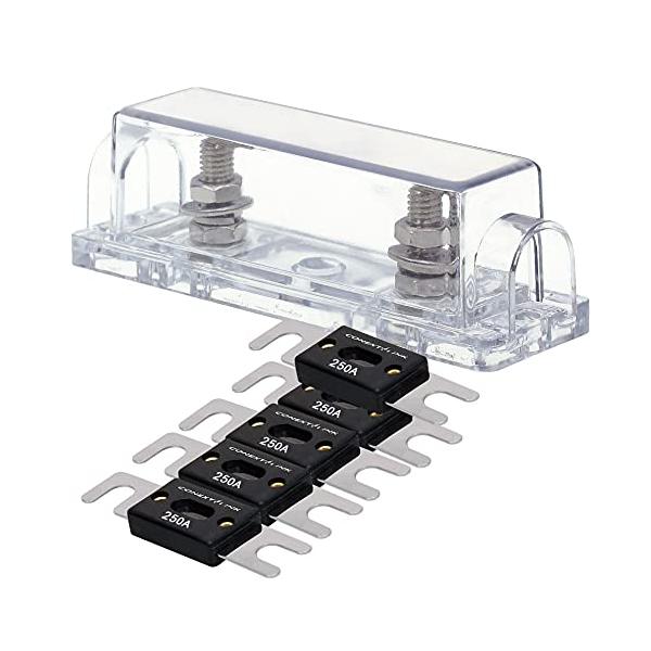 サイズ：250A1/0、2、4 AWGライン入出力ANLヒューズホルダー高温複合材料の取り付け、ニッケル接点、最適電力伝送水晶透明ポリカーボネート(PC)ケースケーブルの取り付けはリング上の端末が必要です250A