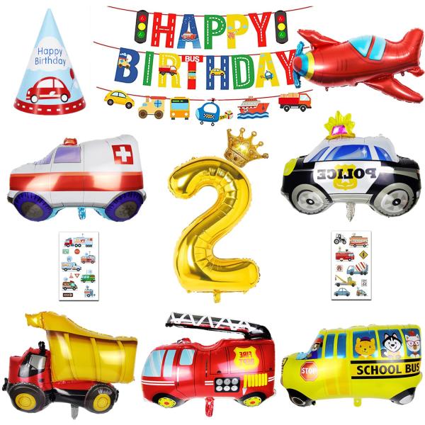 【セット内容】(1)8個のホイルバルーン：【大きめ】トラック×1、【大きめ】飛行機×1、【大きめ】スクールバス×1、【大きめ】パトカー×1、【大きめ】消防車×1、【大きめ】救急車×1、【大きめ】数字バルーン×1、王冠×1 (2)車ステッカー...