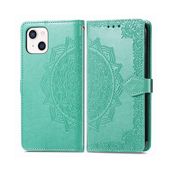 カラー：グリーンサイズ：iphone 13 6.1スタイル：手帳型【対応機種】：for iphone 13 6.1 専用 ケース 手帳型保護カバー【素材】：おしゃれ 感触の手触りが良い高級PUレザー素材です + TPU 【内側のケースは黒(...