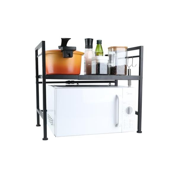 カラー：ブラックスタイル：モダン【伸縮幅高さ調整】　ラック幅の伸縮範囲は40cm〜60cmです。棚板高さは約5.5cm間隔で2段階調整可【色と表面加工】　　黒と白　高温で焼結塗装されており、熱と水に強く、汚れも付きにくいです。飲み物などの汚...