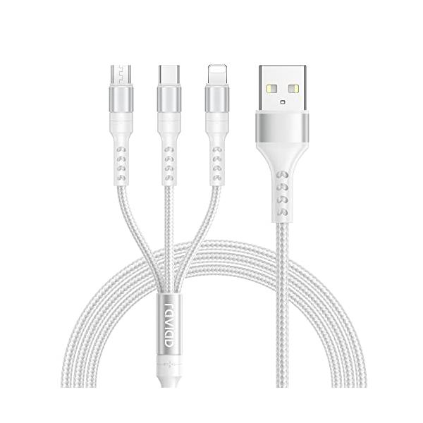 カラー：シルバーサイズ：1.2M【1本3役】本製品は3in1 充電ケーブルです。Phone、Micro USB、Type-Cが一つになった超便利最新設計な一本三役の3in1充電ケーブルです。１つのUSBポートから3台のデバイスが同時に充電で...