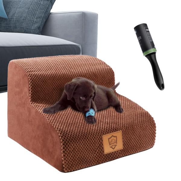 カラー：ブラウン【小型犬・老犬介護】体の小さい小型犬、足腰が悪くジャンプできない老犬、こちらのステップを使えば高所に登れます。ソファーやベット、机にも使えますので、よりご主人様に近づけます。こちらのステップは22ｋｇ以下対応できますので、ほ...