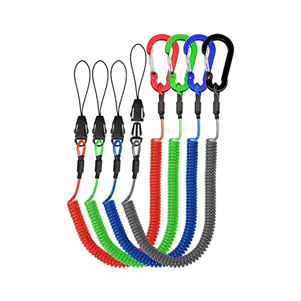 カラー：4本セット・赤青緑黒スタイル：落下防止カールコード部分長：16cm　最大伸長：150cm　最大安全耐荷重：6kg 赤緑青黒4本セット着脱式ストラップパーツが付属しており、左右部分を指で押すだけで簡単に着脱可能ですが、スマホン、鍵、定...