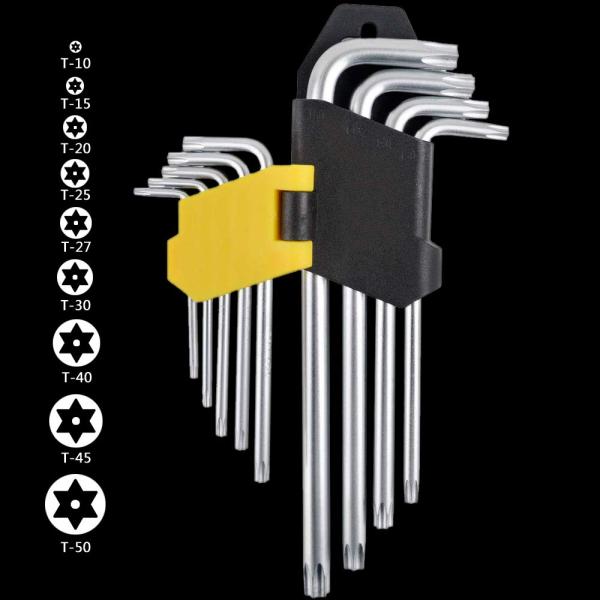 カラー：シルバースタイル：星型【9本組】【セット内容】：T10・T15・T20・T25・T27・T30・T40・T45・T50 ヘックスローブレンチセット【仕様用途】：六角穴付ボルト、六角穴付止めネジの締め付けや緩め作業に使用。T型トルクス...