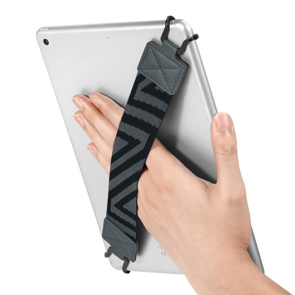 カラー：ダークグレーサイズ：9-11inchスタイル：丈夫最新の改良版　使用方法は旧バージョンと同じく、タブレットの角にフックを引っ掛けて、バンドを引っ張って対角線の角にもう片方のフックを引っ掛けてもいいし、改良版のフックには摩擦力を強めた...