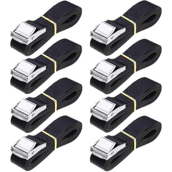 カラー：ブラックサイズ：25mm*2m*8【多用途の荷物の固定ベルト】機材の固定に使用、軽量物の荷締め作業に、屋内、倉庫内の荷崩れ防止に、会社や一般家庭ではシャッター・物置・商品棚などの固定にも、荷造りベルト 締め付けの金具部分は亜鉛ダイキ...