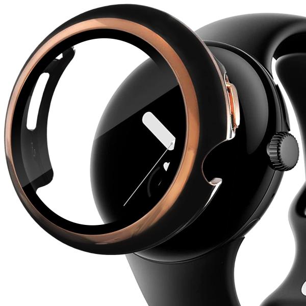 カラー：ブラックxシャンパン【対応機種】Google Pixel Watch対応。【一体感｜オシャレ設計】硬度9HガラスフィルムとPC材質枠革新的な一体型デザイン、配色もオシャレです。最高レベルの9H硬度、その高い硬度の強化ガラスフィルム、...
