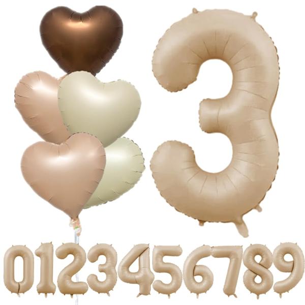 カラー：3サイズ：キャラメル色【セット内容】：40インチ数字バルーン*1個、18インチハートバルーン*5個、ストロー*1本。【雰囲気作る】：お部屋の雰囲気を、一気に誕生日パーティーを感じる雰囲気へ変えたい、そんなときに！クリームカラーの数字...