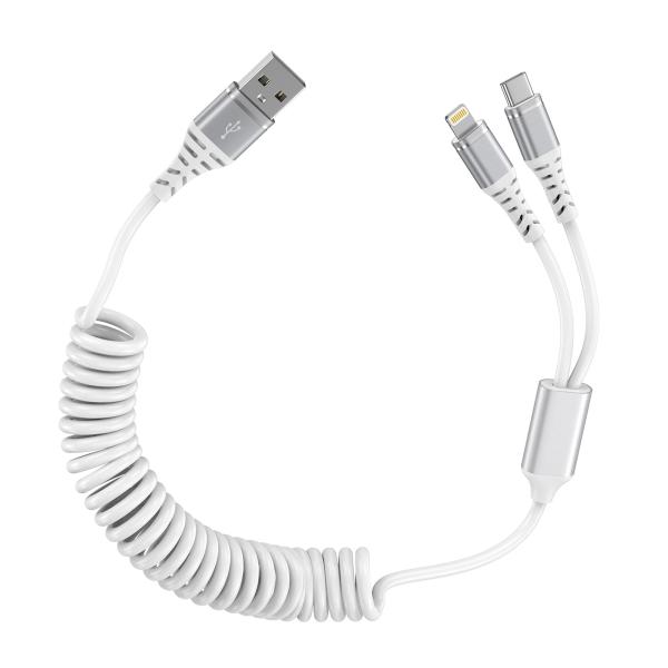 カラー：ホワイトサイズ：1【弾力性】このUSB充電ケーブルはコイル型のデザインで、自由自在に伸び縮み、絡まり合ったり、ねじれたりしません。柔らかいPU素材で作られており、柔軟性が優れ、伸びやすく、素早く反発し、簡単に変形しません。【2in1...