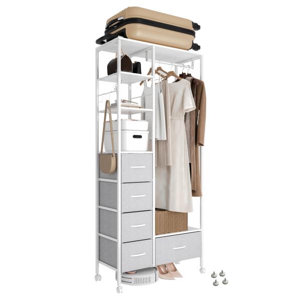 カラー：ホワイトサイズ：大きいスタイル：モダン【コンパクトで大容量の収納力】LunarLight 多機能　大容量　スリム　おしゃれ ハンガーラック、パイプハンガー、ワードローブ、クローゼット引き出し、洋服 衣類コンパクトで収納力抜群！コンパ...
