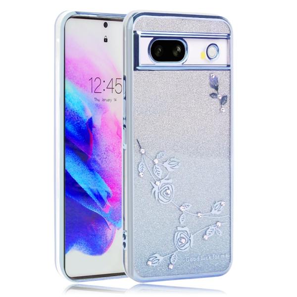 カラー：キラキラ-ブルーサイズ：Google Pixel 7a【背面花柄＆ダイヤモンド】花柄とダイヤモンド好きにはたまらないお洒落でオリジナリティー溢れるアイホンです。【エッジメッキ加工カラー】バンパー部分をメッキ加工しており、漆を落とすこ...