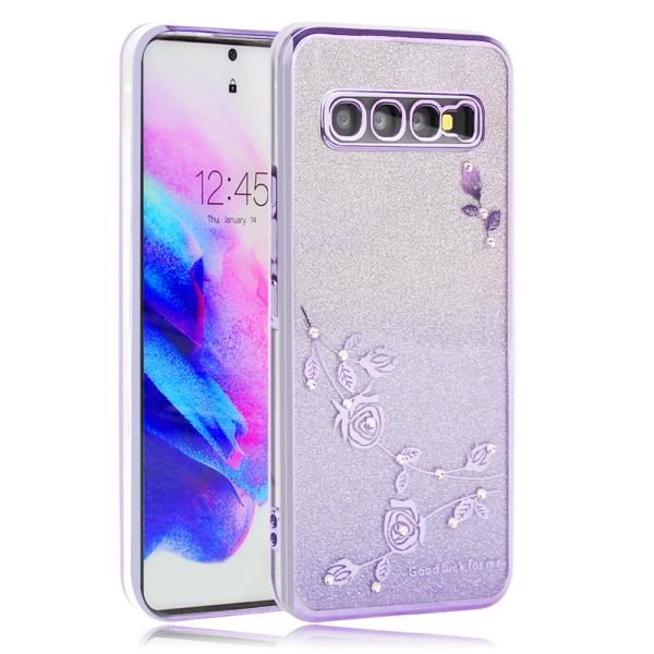 カラー：キラキラ-パープルサイズ：Galaxy S10【背面花柄＆ダイヤモンド】花柄とダイヤモンド好きにはたまらないお洒落でオリジナリティー溢れるアイホンです。 素材に妥協せず【エッジメッキ加工カラー】バンパー部分をメッキ加工しており、漆を...