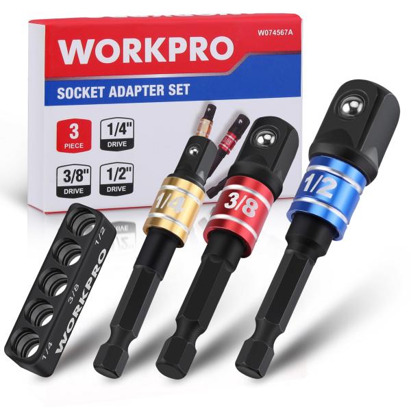 カラー：多色【ソケットアダプター内容】WORKPRO インパクトグレードソケットアダプター3本組です、軸径6.35mm（1/4”）の六角軸シャンク。 差込角 6.35mm(1/4")・9.5mm(3/8")・12.7mm(1/2") 各1本...