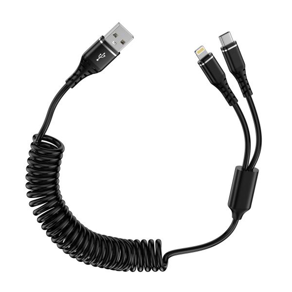 カラー：ブラック【弾力性】このUSB充電ケーブルはコイル型のデザインで、自由自在に伸び縮み、絡まり合ったり、ねじれたりしません。柔らかいPU素材で作られており、柔軟性が優れ、伸びやすく、素早く反発し、簡単に変形しません。【2in1 充電ケー...