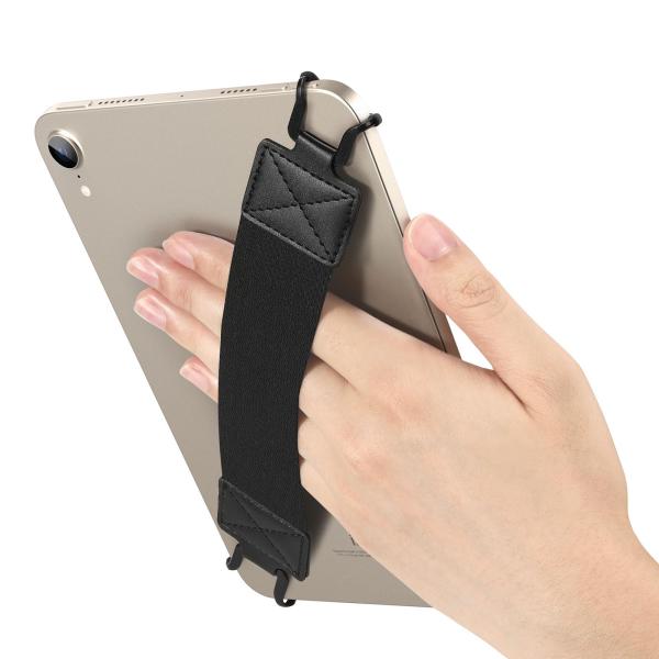 カラー：黒バンド−ブラックサイズ：6-8inchスタイル：ハンドストラップ最新の改良版　使用方法は旧バージョンと同じく、タブレットの角にフックを引っ掛けて、バンドを引っ張って対角線の角にもう片方のフックを引っ掛けてもいいし、改良版のフックに...