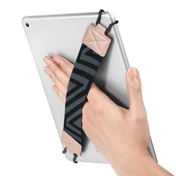 カラー：ローズゴールドサイズ：9-11inch最新の改良版　使用方法は旧バージョンと同じく、タブレットの角にフックを引っ掛けて、バンドを引っ張って対角線の角にもう片方のフックを引っ掛けてもいいし、改良版のフックには摩擦力を強めたシリコンが追...