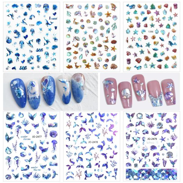カラー：カラフルスタイル：夏【海ネイルシール】ネイルシール海は、全体のカラーはに青と紫で、貝やクラゲ、人魚など海の生き物の模様が施され、海洋スタイルがいっぱいです【キラキラ輝く偏光設計】ネイルシールの表面は偏光デザインで、角度によって色が変...