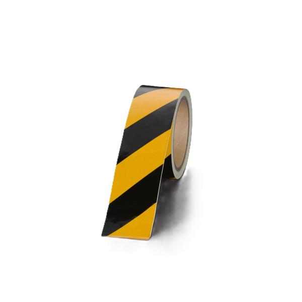 カラー：黒/黄サイズ：50mmx10m幅：50mm長さ：10m厚み：0.12mm材質：基材PET 粘着剤アクリル系反射タイプ屋外対応工場・事務所・倉庫などの壁面、支柱に危険標示や立入禁止標示として最適