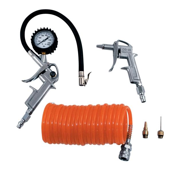 スタイル：5点セットサイズ:エアコイルホース/内径5×外径8mm×長さ約5m重量:63gセット内容:エアプレッシャーゲージ、エアダスタ、エアコイルホース、インフレータノズル(ボール空気入れ用)、テーパノズル(ゴムボート空気入れ用)適用流体:...