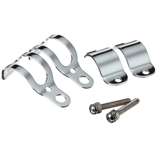 カラー：メッキ汎用(φ33~40フロントフォークに対応)スチール製クロームメッキ仕上げM10ステー対応穴付クラブアメリカンブランドフロントフォークにウインカーを取り付ける際に最もシンプルに取り付けできるバンドタイプのウインカーステー。